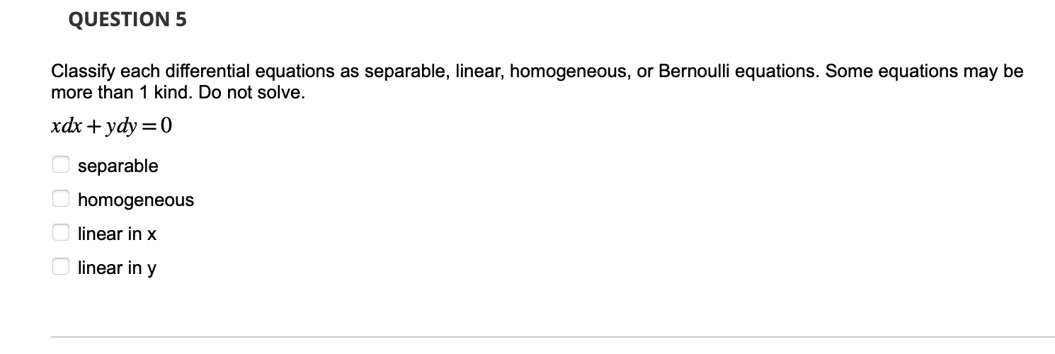 Solved Classify each differential equations as separable, | Chegg.com