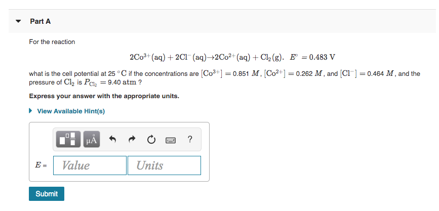 Solved Part A For the reaction 2C03+ (aq) + 2Cl(aq) +2Co2+ | Chegg.com