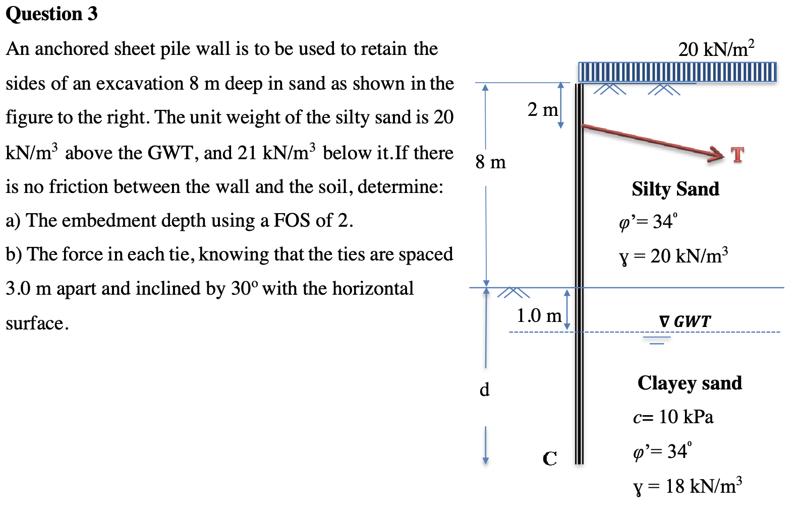 Solved Question 3An anchored sheet pile wall is to be used | Chegg.com