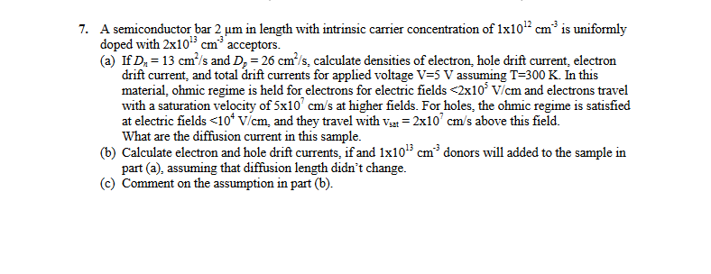 Solved A semiconductor bar 2 μm İn length with intrinsic | Chegg.com