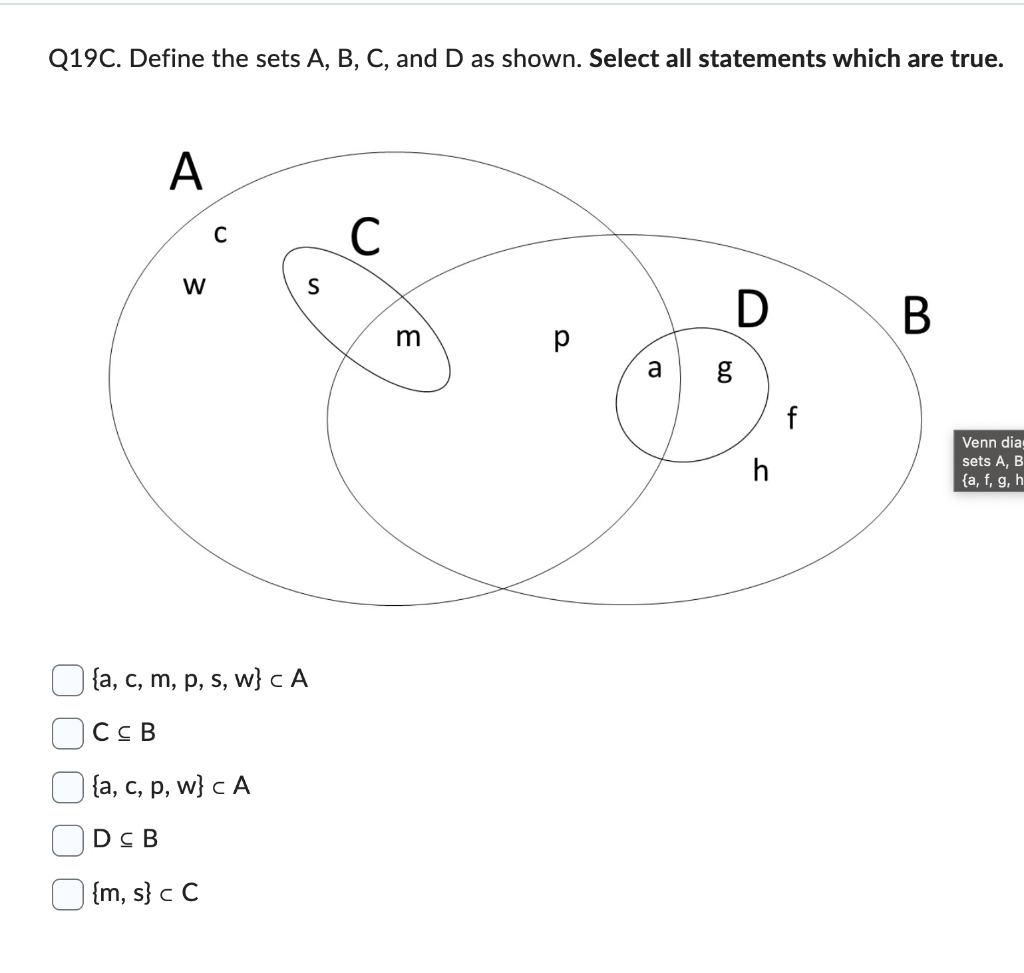 Solved Q19C. Define the sets A, B, C, and D as shown. Select | Chegg.com