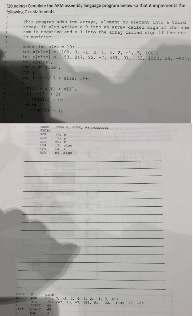 (20 points) Complete the ARM assembly language | Chegg.com