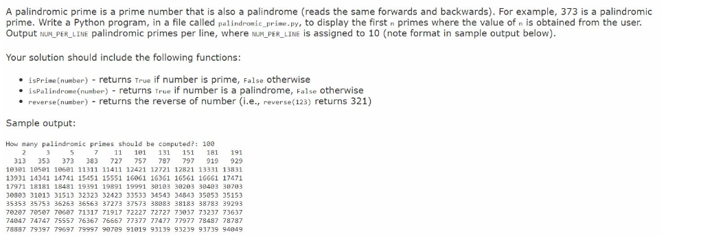 Solved A palindromic prime is a prime number that is also a | Chegg.com
