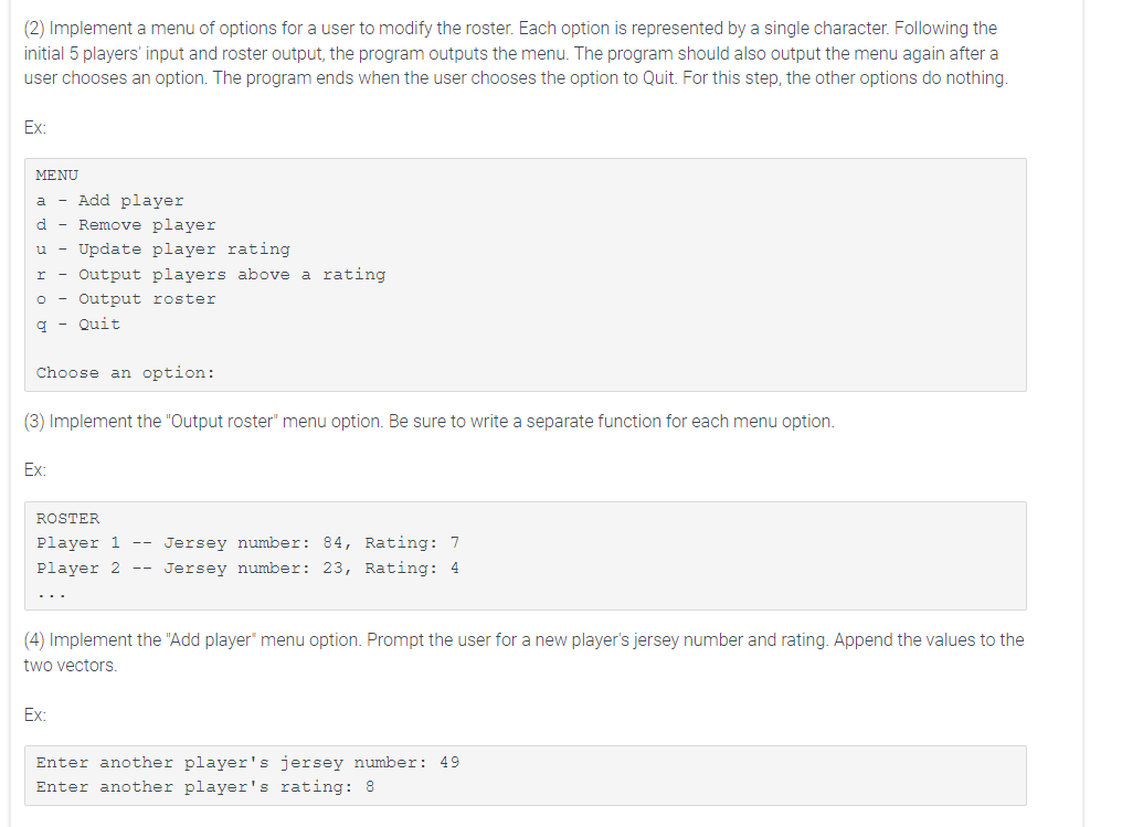 Solved (2) Implement a menu of options for a user to modify | Chegg.com
