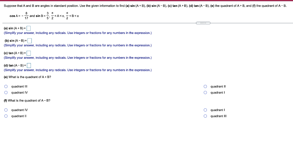 Solved Suppose that A and B are angles in standard position. | Chegg.com