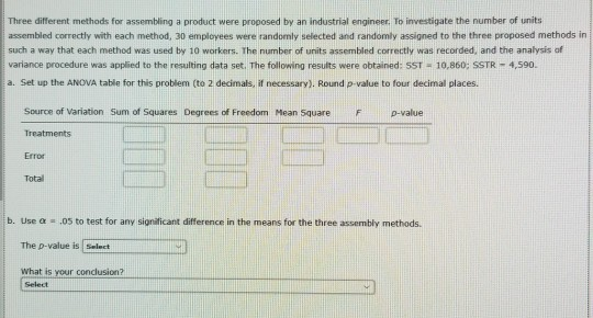 Solved Three different methods for assembling a product were | Chegg.com