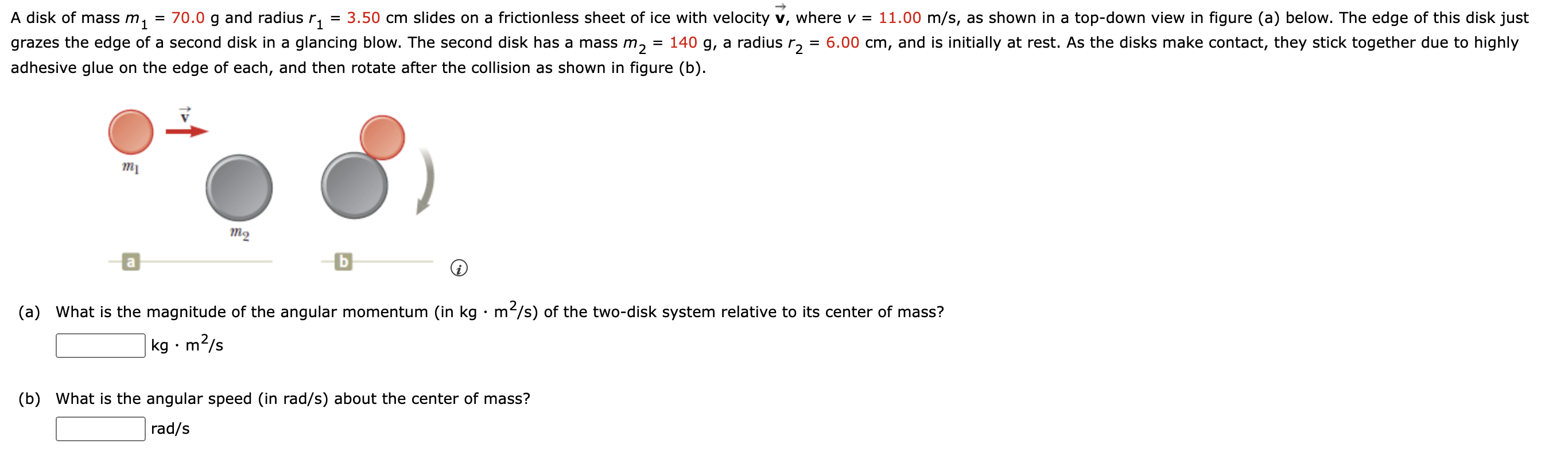 Solved A disk of mass m1=70.0 g and radius r1=3.50 cm slides | Chegg.com
