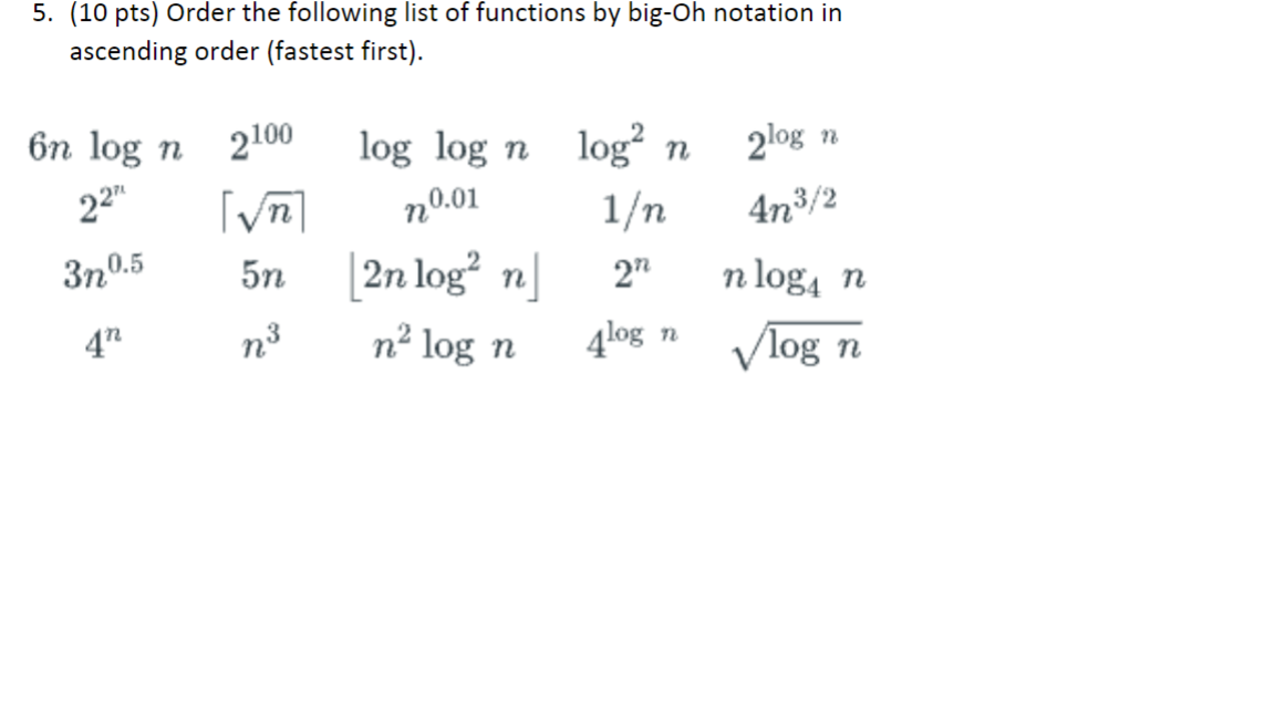 Solved 5. (10 pts) Order the following list of functions by | Chegg.com