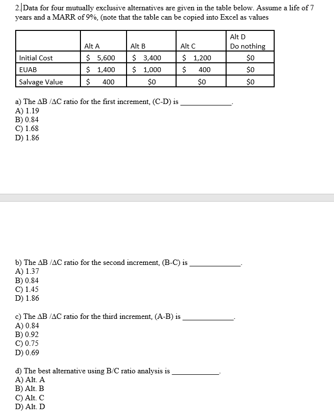 Solved 2. Data for four mutually exclusive alternatives are | Chegg.com