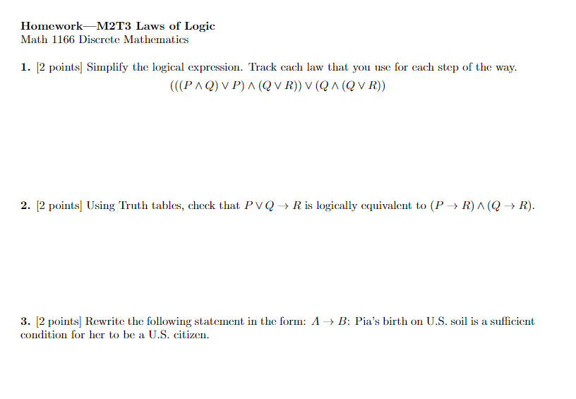 Solved Homework-M2T3 Laws of Logic Math 1166 Discrete | Chegg.com