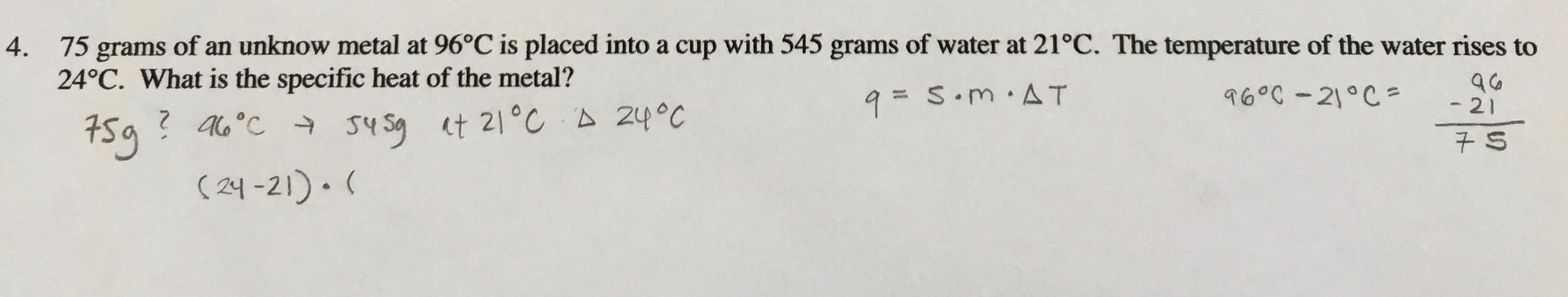 Solved 4. 75 75 grams of an unknow metal at 96°C is placed | Chegg.com