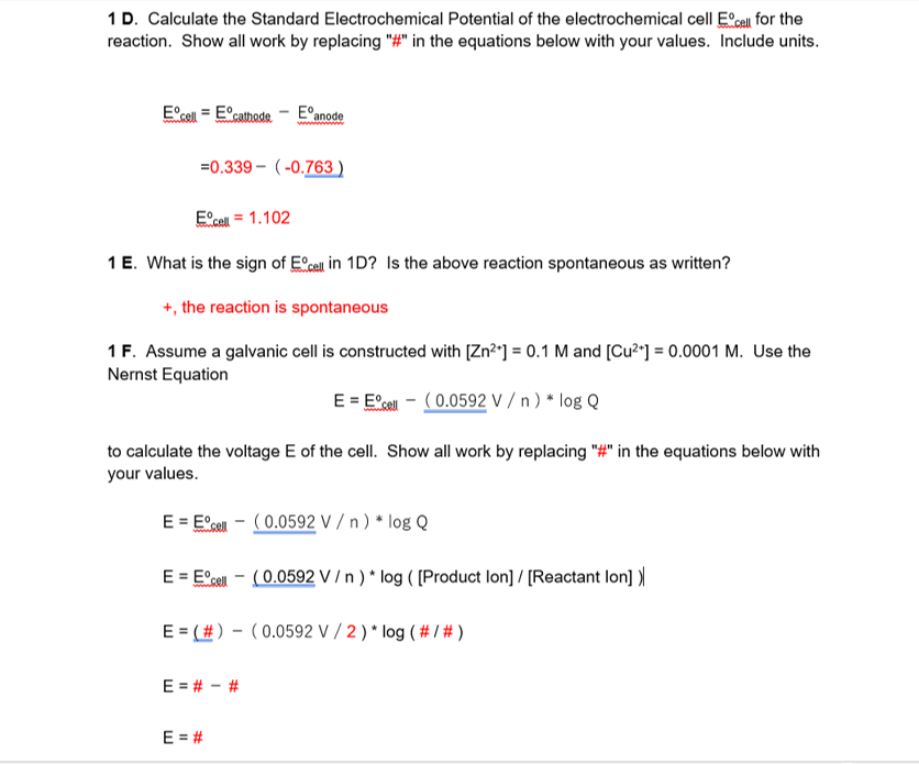 Solved 1 D. Calculate the Standard Electrochemical Potential | Chegg.com