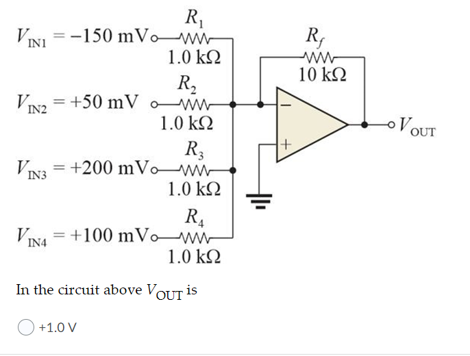 Solved R; w 10 k22 V OUT R VINI = -150 mVaw 1.0 kΩ R2 VIN2 = | Chegg.com