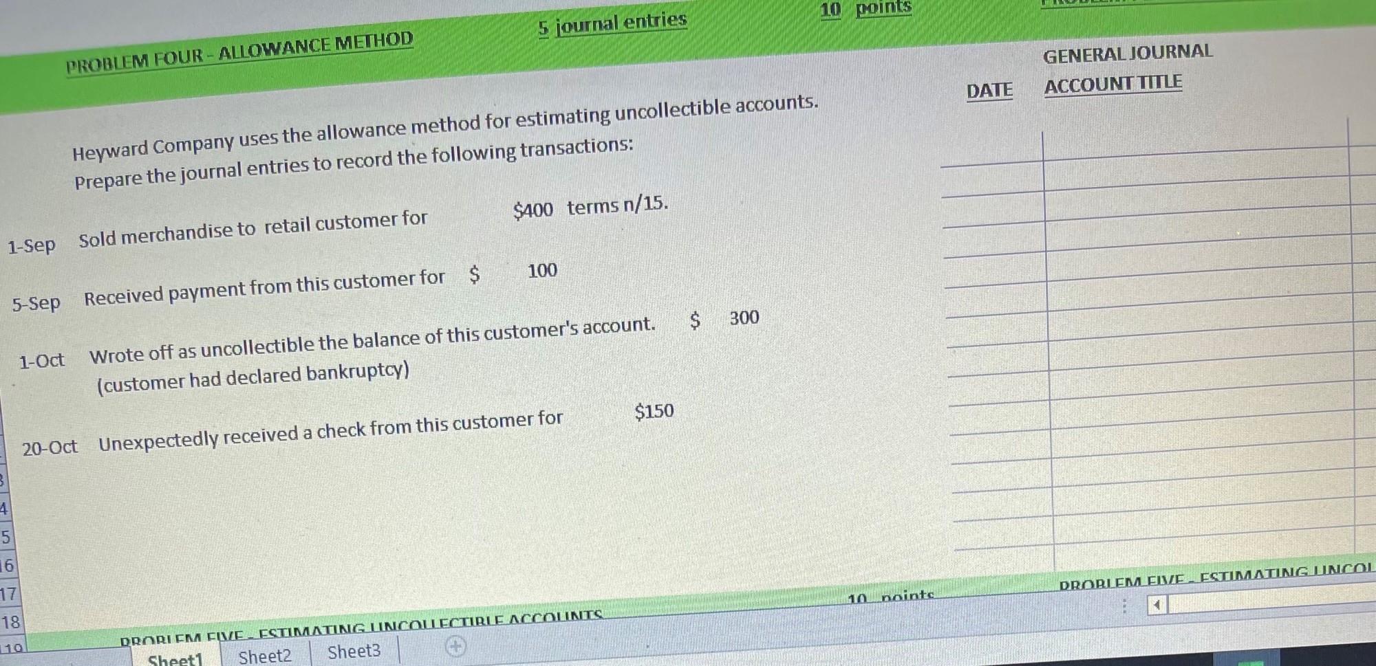 Solved 10 points 5 journal entries PROBLEM FOUR-ALLOWANCE | Chegg.com