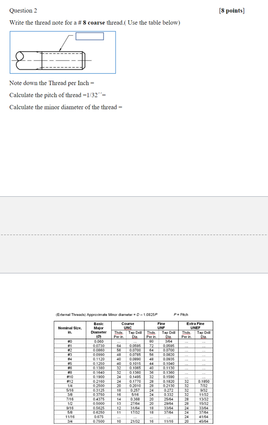 Solved Write the thread note for a # 8 ﻿coarse thread.( ﻿Use | Chegg.com