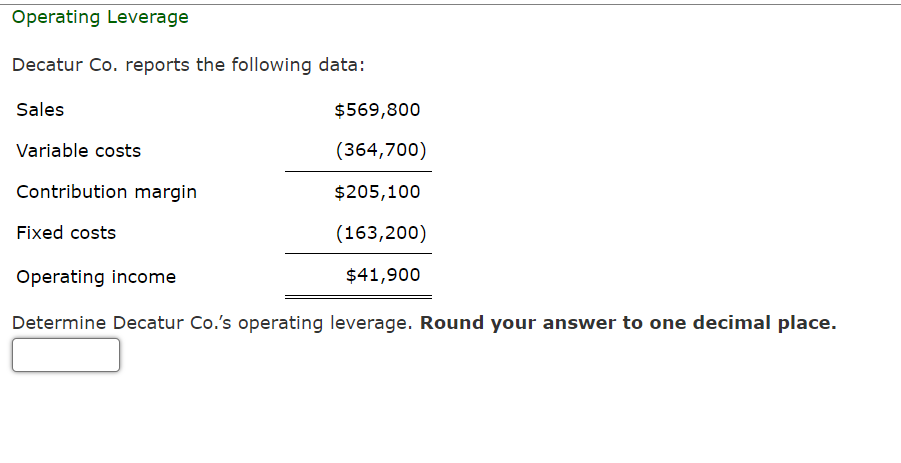 Solved Operating Leverage Decatur Co. reports the following | Chegg.com