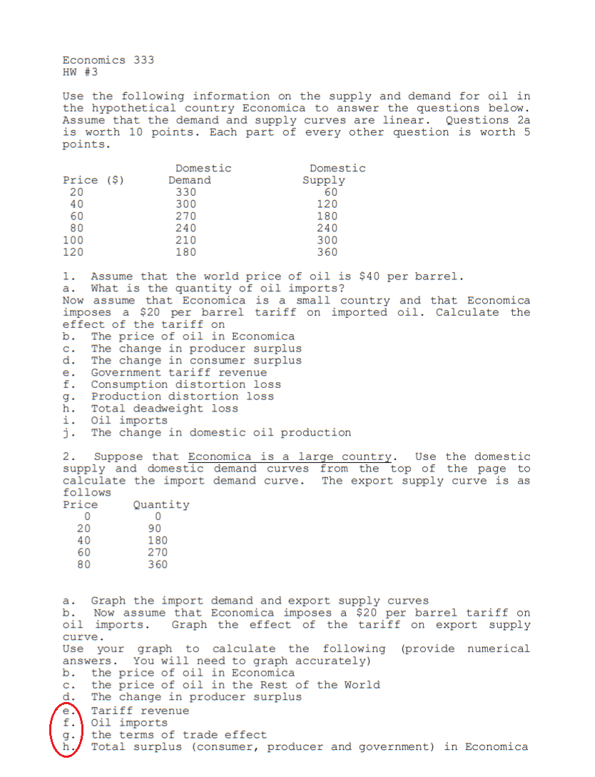 Economics 333 HW #3 Use the following information on | Chegg.com