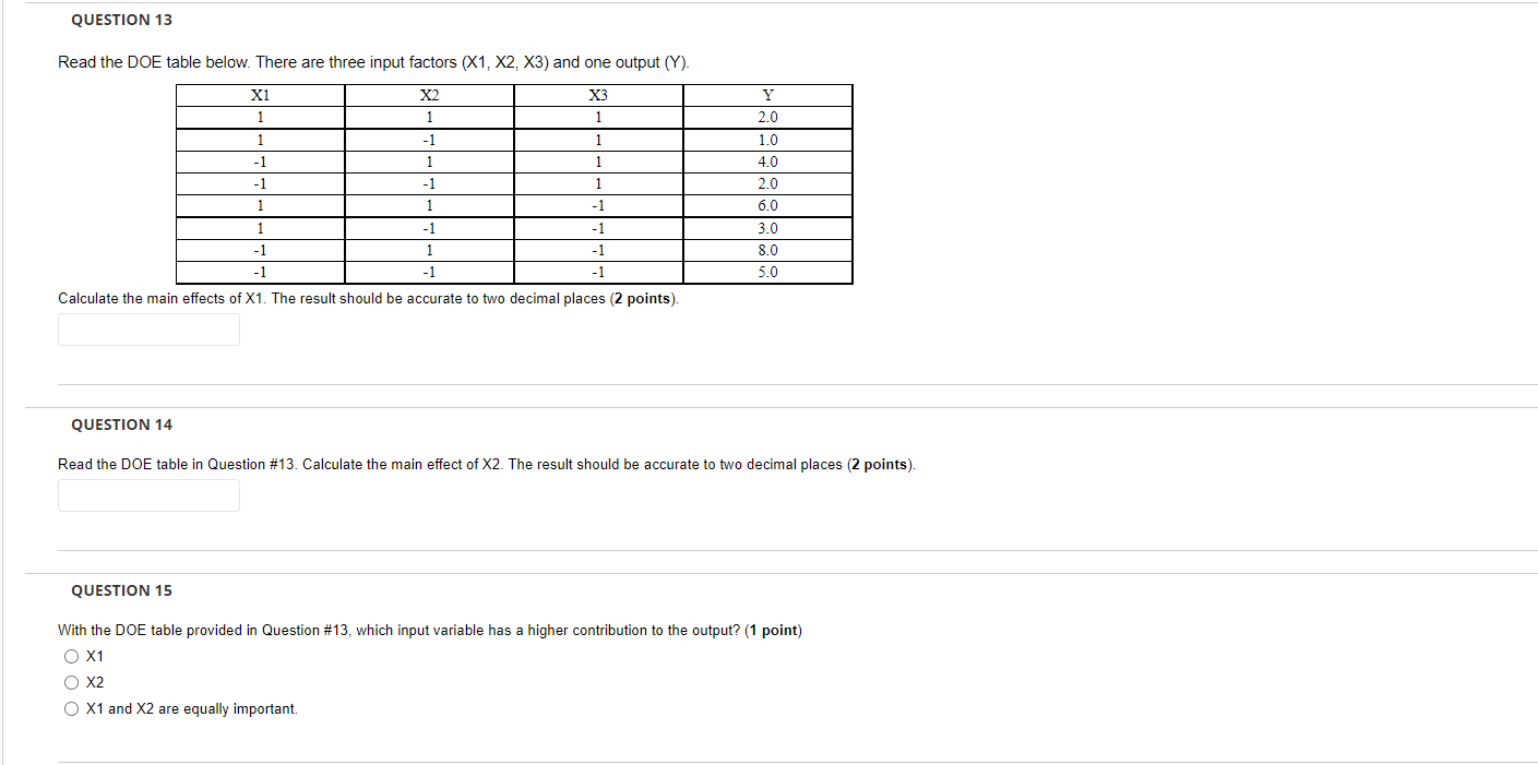 Solved QUESTION 13 Read the DOE table below. There are three | Chegg.com