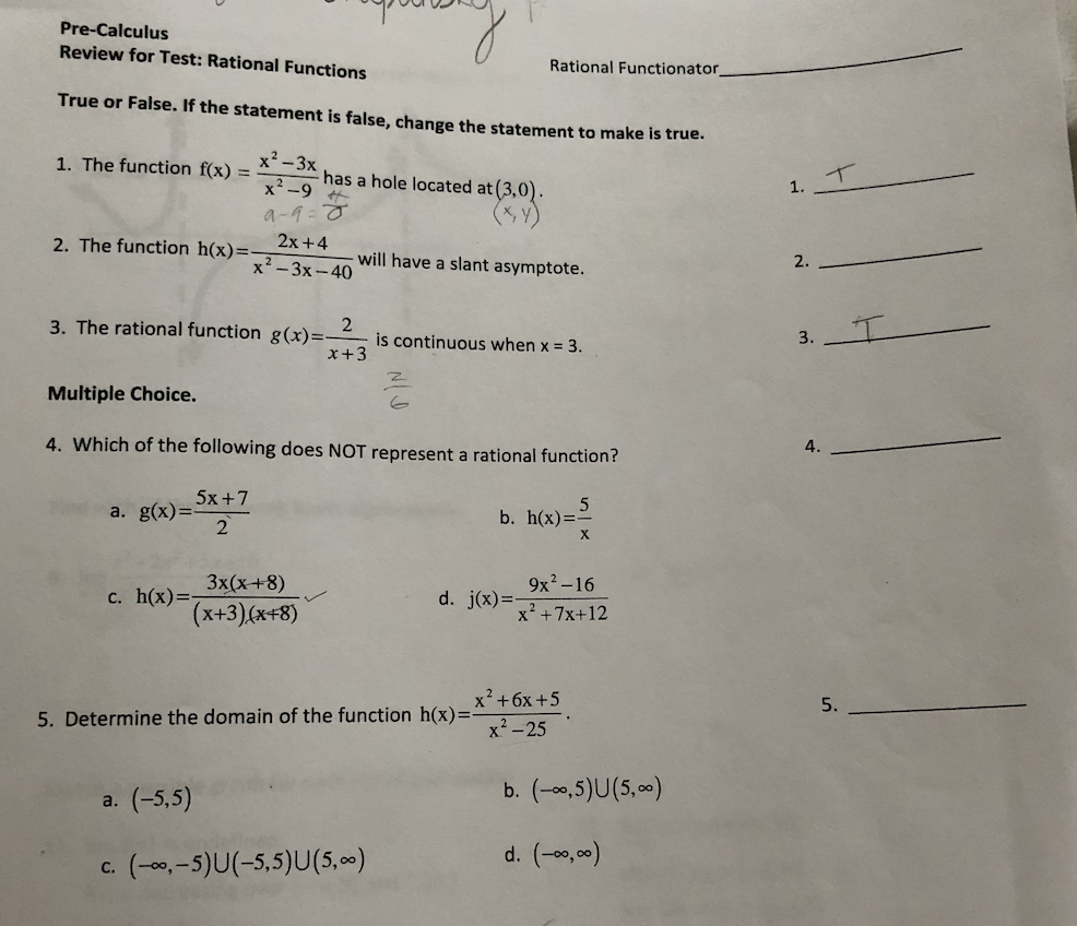Solved Pre Calculus Review For Test Rational Functions True