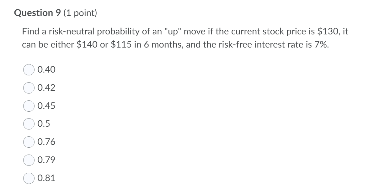 Solved Question 9 (1 point) Find a risk-neutral probability | Chegg.com