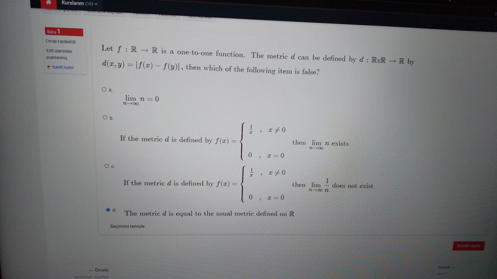 Solved Let f:R→R is a one-to-one function. The metric d can | Chegg.com