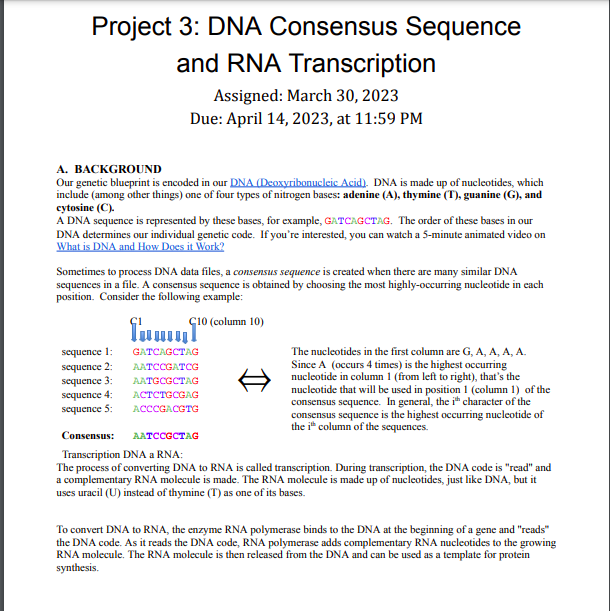 Project 3: DNA Consensus Sequence and RNA | Chegg.com