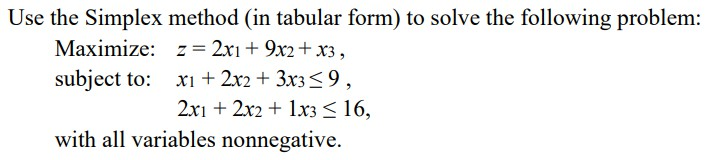 Solved Use the Simplex method (in tabular form) to solve the | Chegg.com