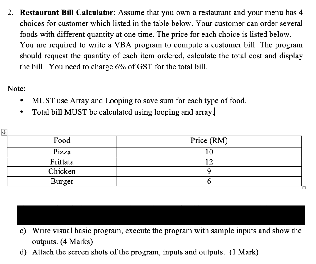 Solved 2. Restaurant Bill Calculator: Assume that you own a | Chegg.com