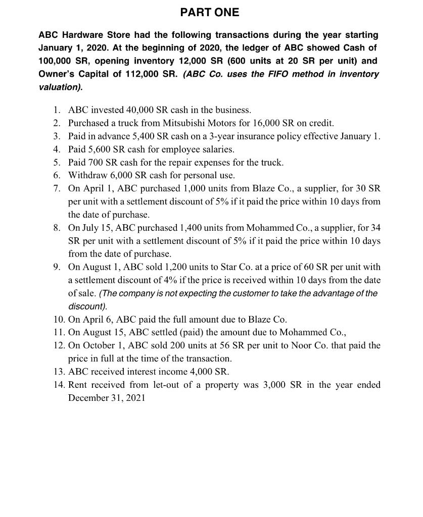 Solved PART ONE ABC Hardware Store had the following | Chegg.com