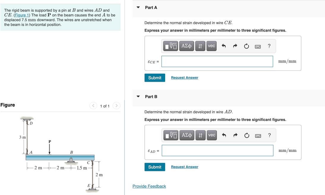 Solved The rigid beam is supported by a pin at B and wires | Chegg.com