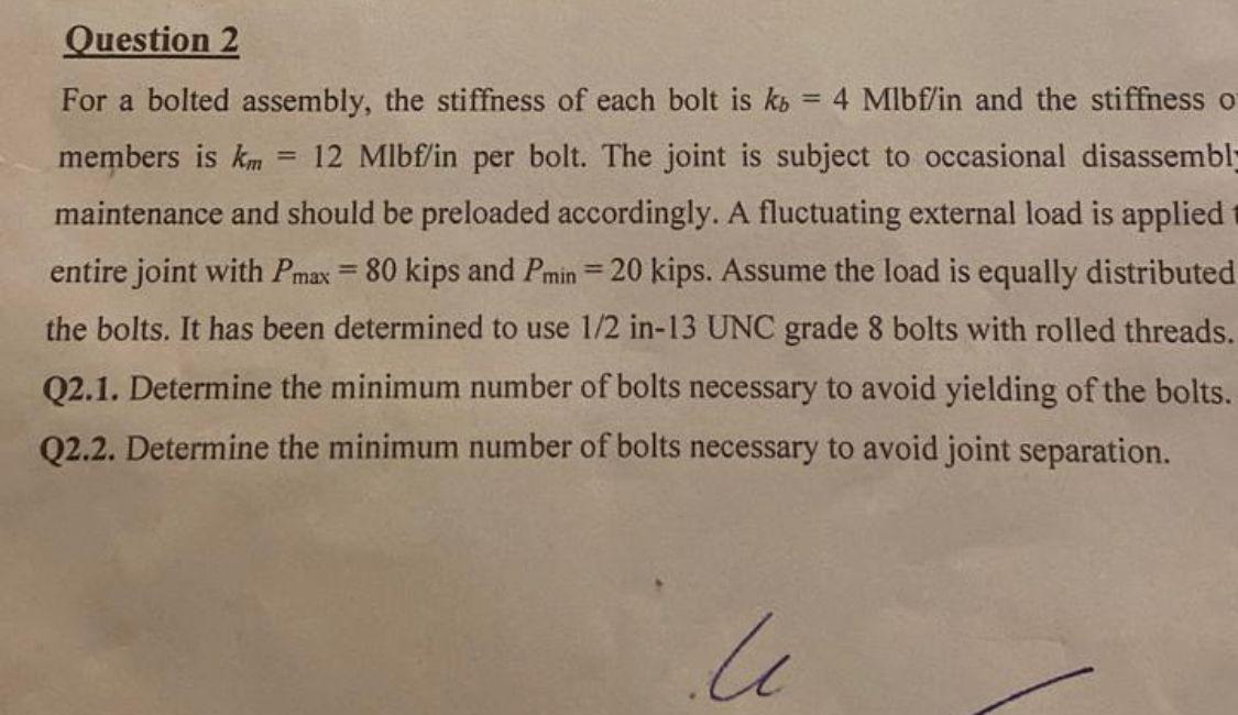 Solved For a bolted assembly, the stiffness of each bolt is | Chegg.com