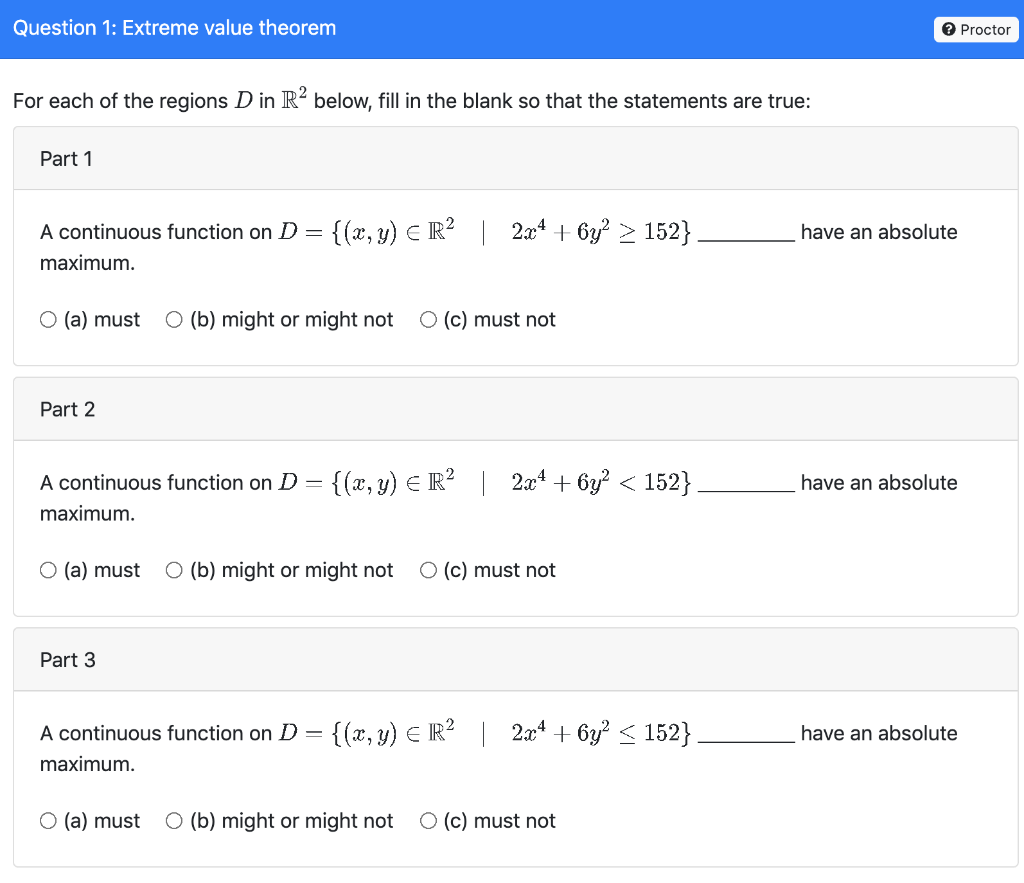 Solved Question 1: Extreme value theorem Proctor Proctor For | Chegg.com