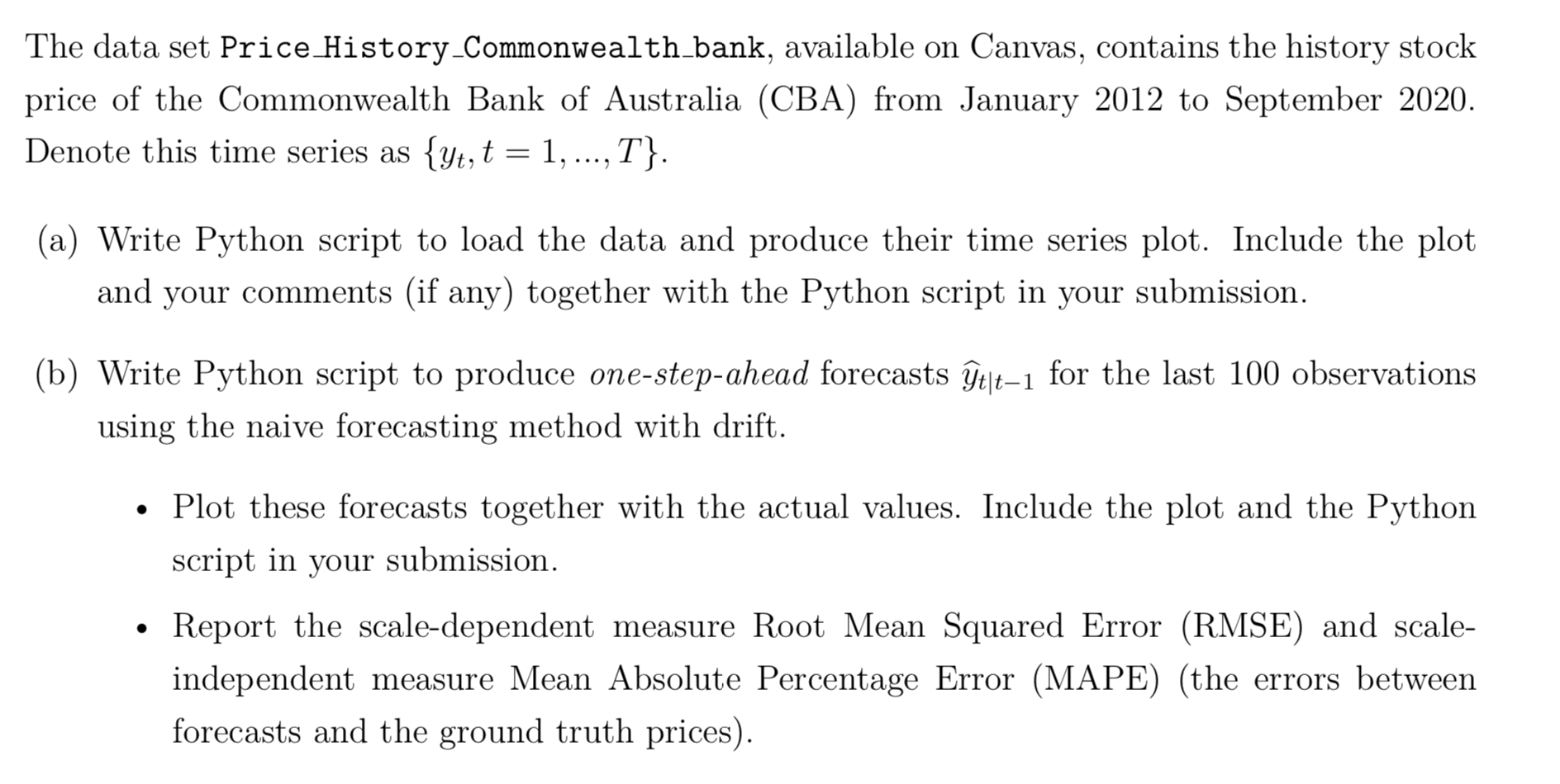 The data set Price History Commonwealth bank, | Chegg.com