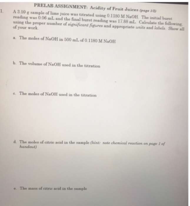 Solved PRELAB ASSIGNMENT: Acidity of Fruit Juices (page 1 | Chegg.com