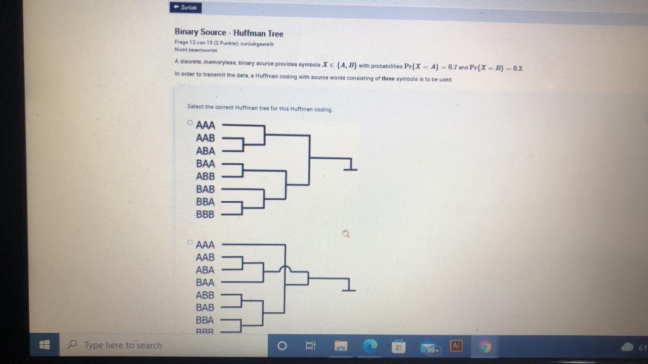 Solved Zurück Binary Source Huffman Tree Frage 12 Von 13 