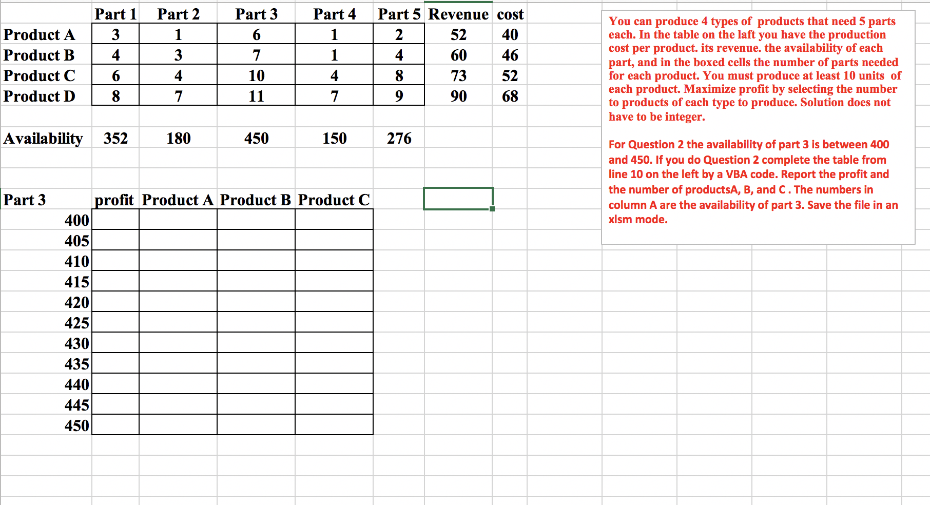 You can produce 4 types of products that need 5 parts | Chegg.com