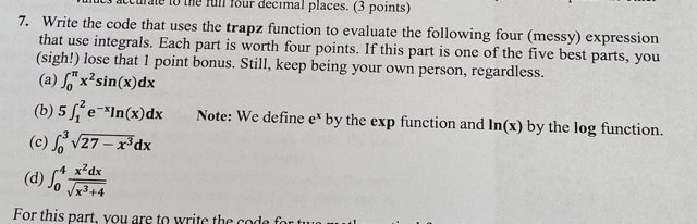 Solved 7. Write the code that uses the trapz function to | Chegg.com