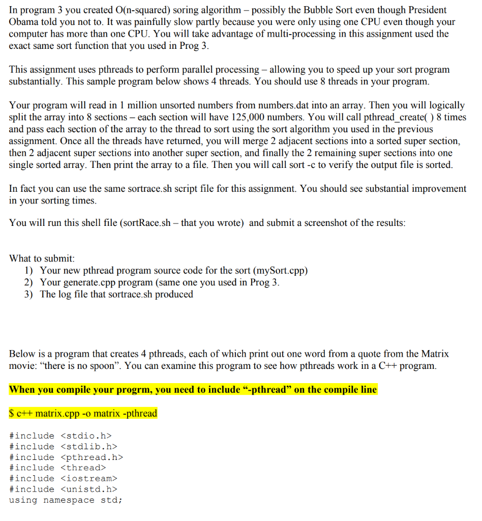 Solved Need an original C++ pthread solution for mySort.cpp | Chegg.com