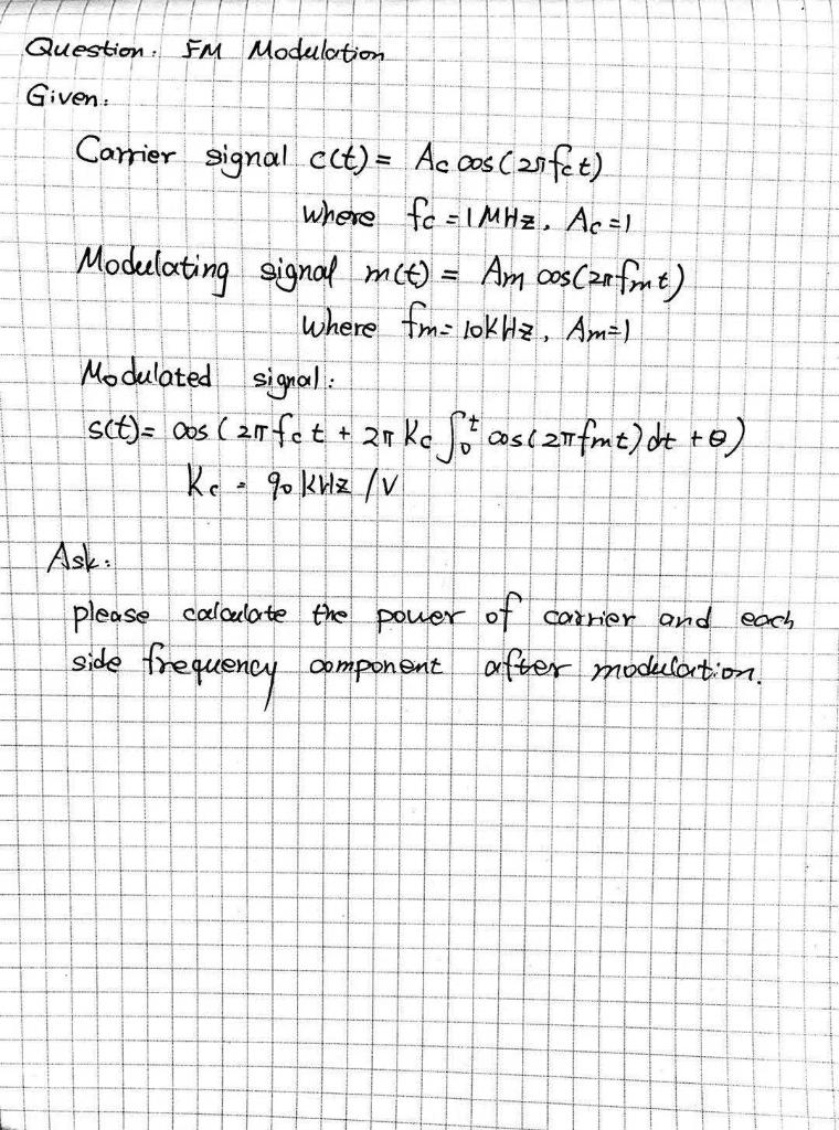 Solved Question. FM Modulation Given. Carrier signal cct) = | Chegg.com