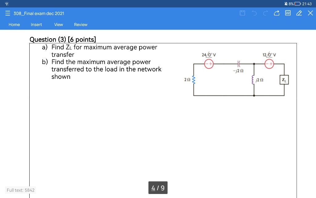 Solved Find ZL for maximum average power transfer Find the | Chegg.com