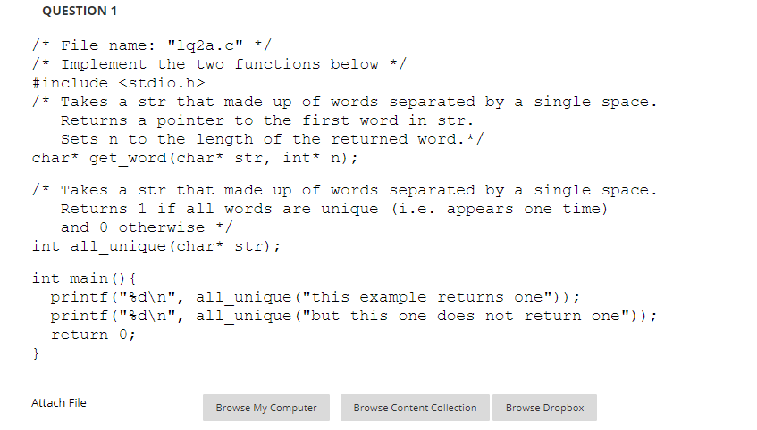 Solved QUESTION 1 /* File name: "lq2a.c" */ /* Implement the | Chegg.com