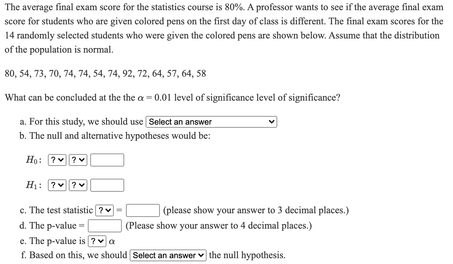Solved The average final exam score for the statistics | Chegg.com