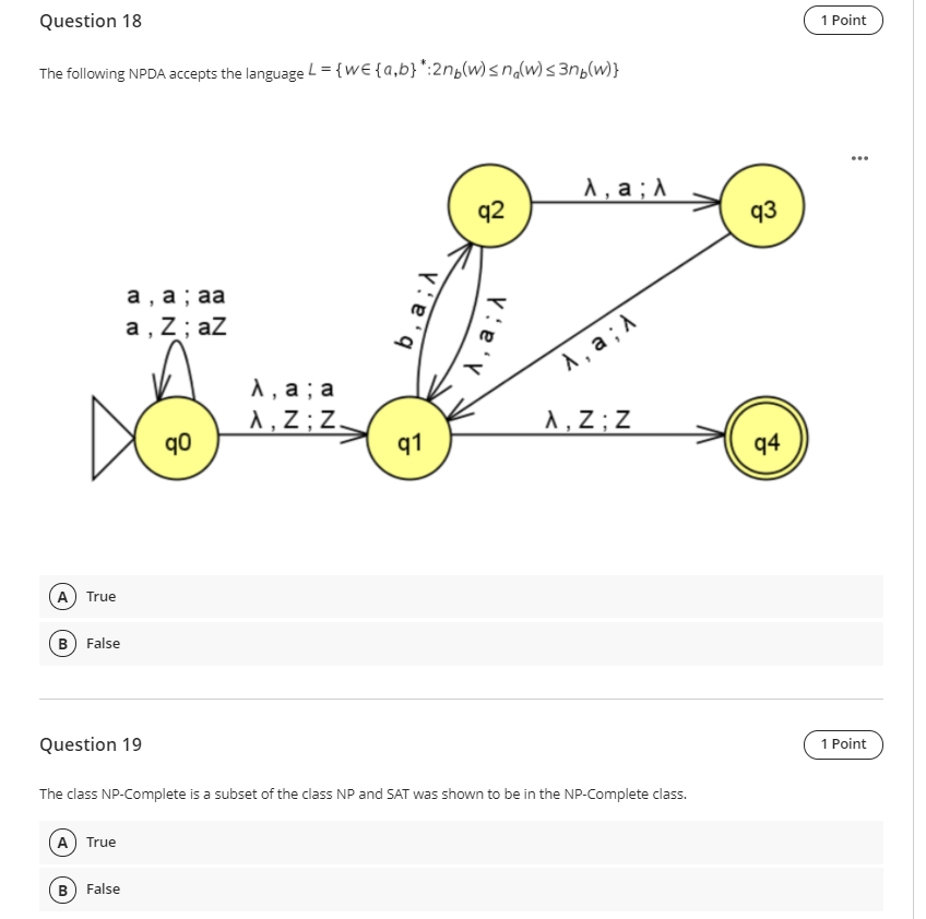 Solved Question 18 1 Point The following NPDA accepts the | Chegg.com