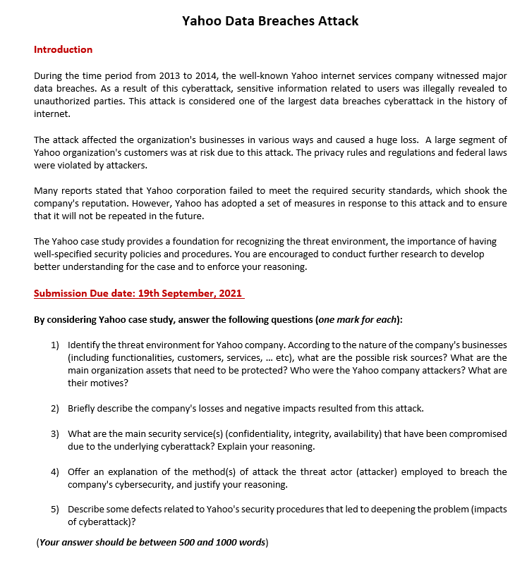Solved Yahoo Data Breaches Attack Introduction During the | Chegg.com
