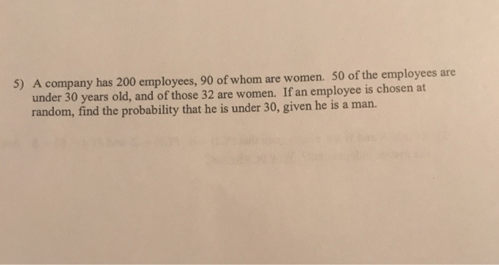 Solved 5) A company has 200 employees, 90 of whom are women. | Chegg.com