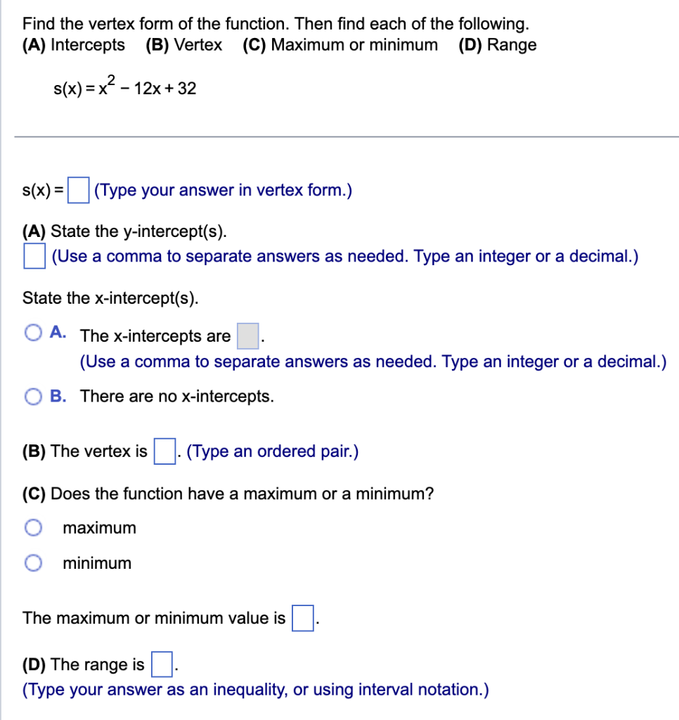 Solved Find the vertex form of the function. Then find each | Chegg.com