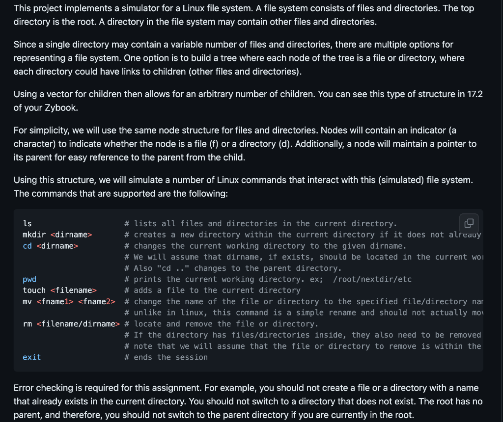 Solved This project implements a simulator for a Linux file | Chegg.com