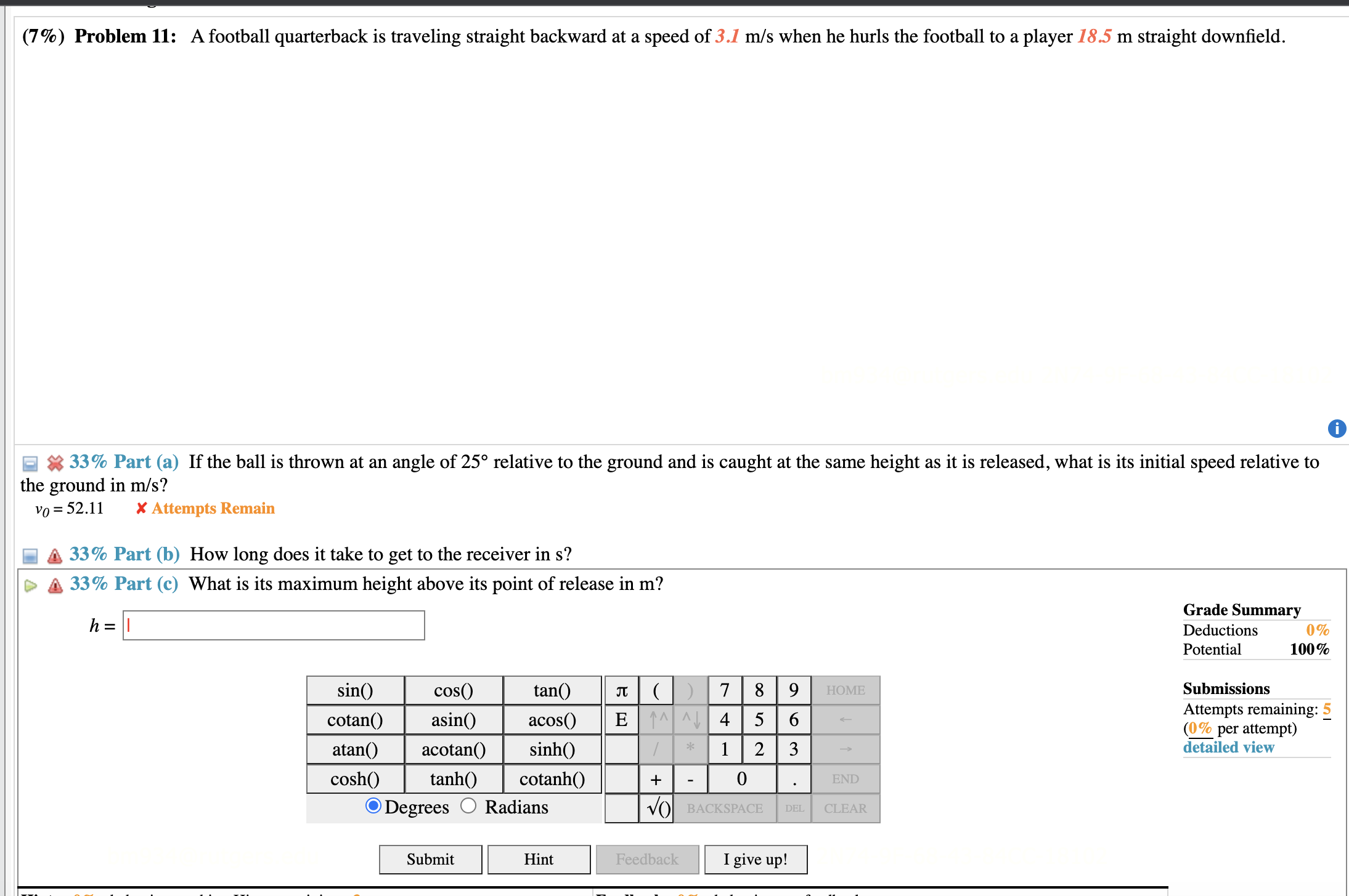 Solved 33\% Part (a) If the ball is thrown at an angle of | Chegg.com