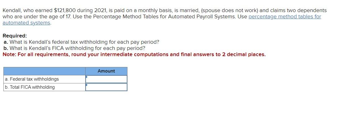 Solved 2021 Percentage Method Tables for Automated Payroll | Chegg.com
