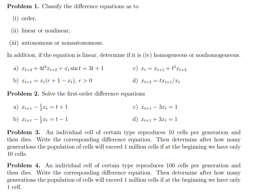 Solved Problem 1. Classify the difference equations as to | Chegg.com